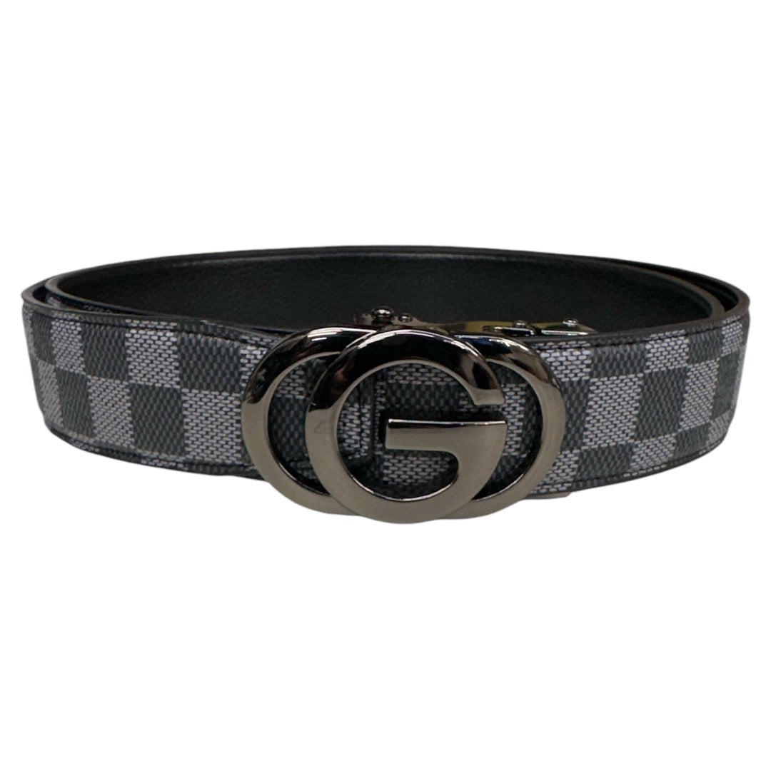 Men's Grey/Black Plaid Printed Belt Luxury Design Genuine Leather Blac ...