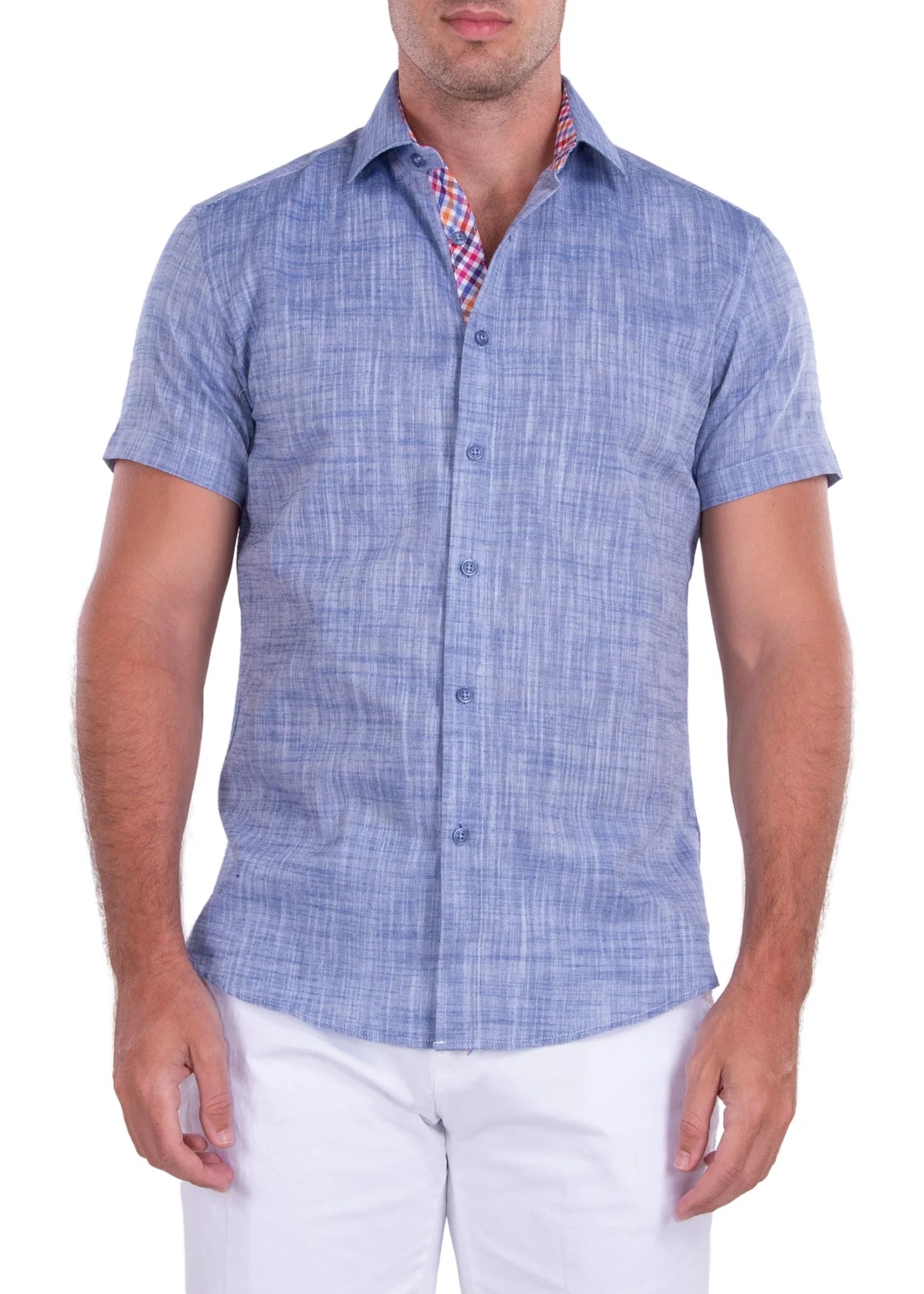 Blue men’s Linen Short Sleeve Button-Up Shirt Modern-Fit Style No ...