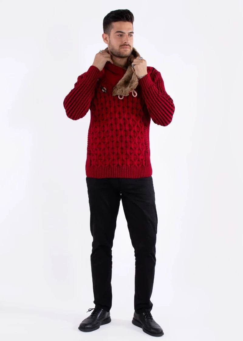 Red Pullover Men's Sweater Shawl Collar and Faux Leather Buttons ...