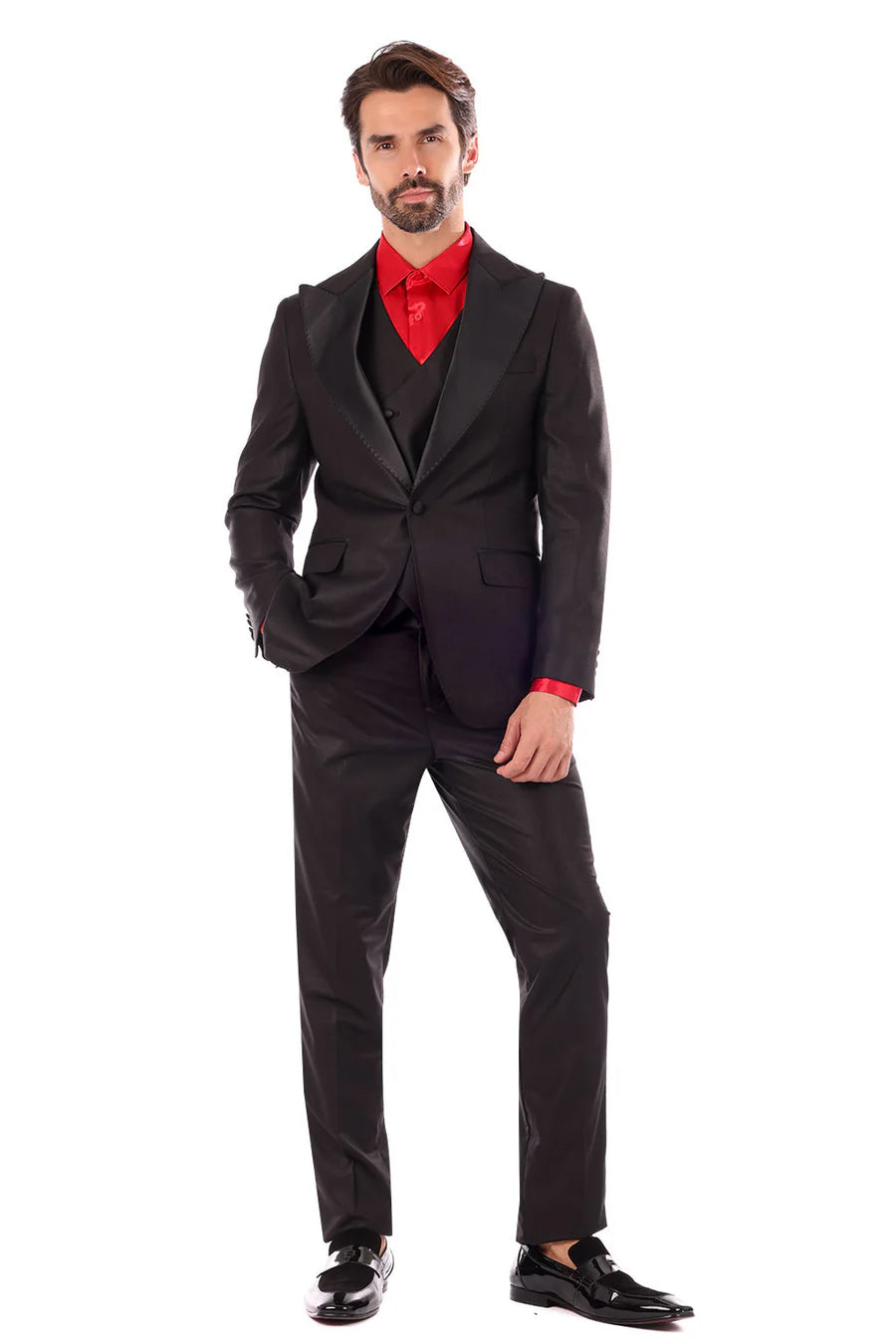 Barabas Men's Black Tuxedo Suit Black Satin Peak Lapel with Vest Style ...