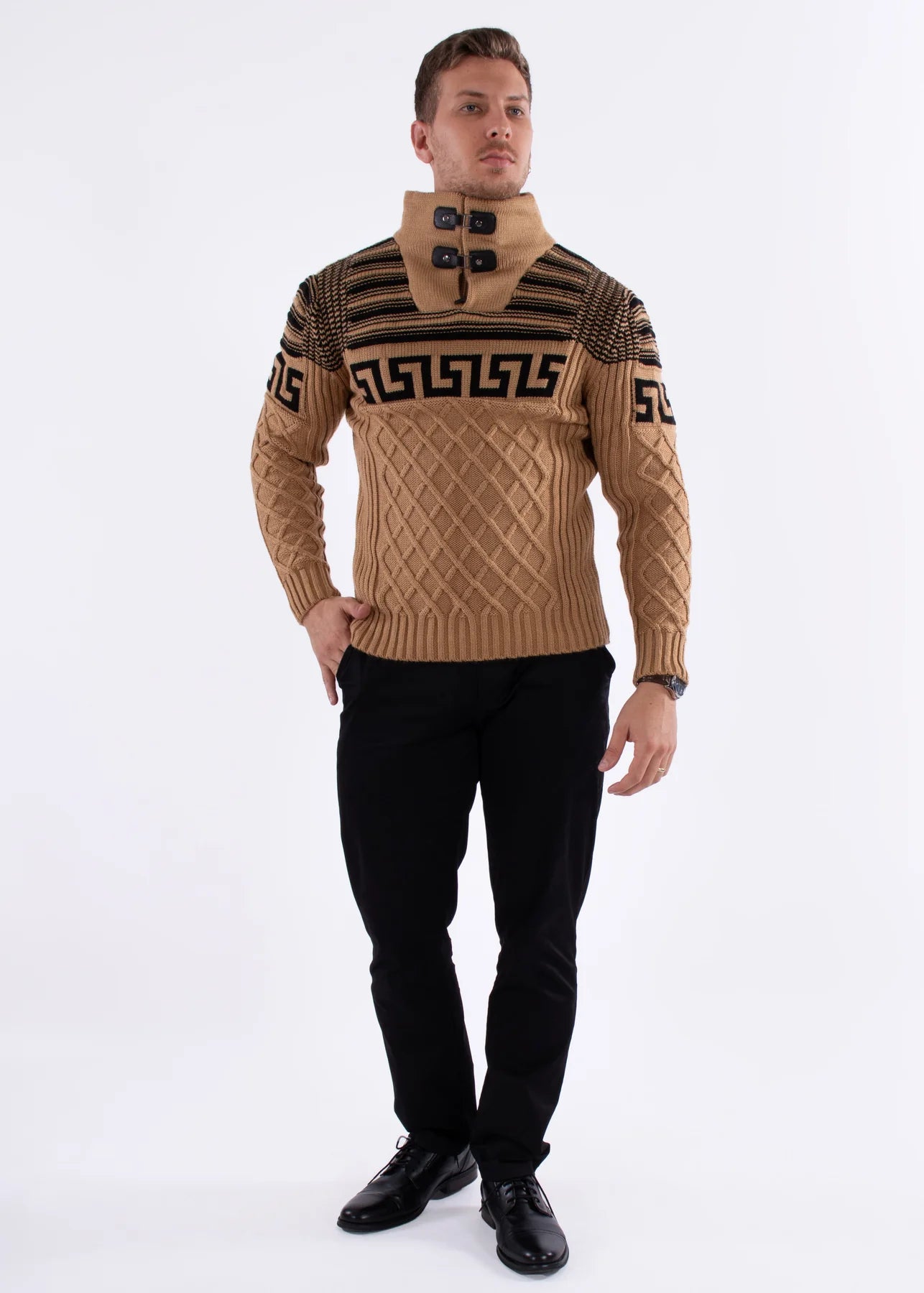 Beige Men's Knitted Sweaters Greek Key Pullover Men Turtleneck Style N ...
