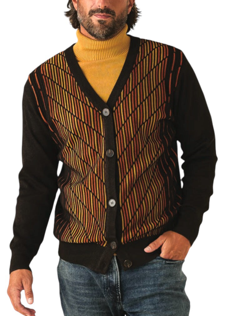 Chocolate Brown Men's Inserch Geo Intarsia Cardigan Sweater Jacket Sty ...