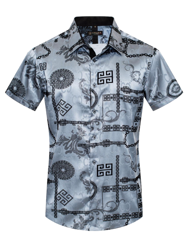 Grey Men's Graphic Design Short Sleeves Shiny Shirt Satin Material ...