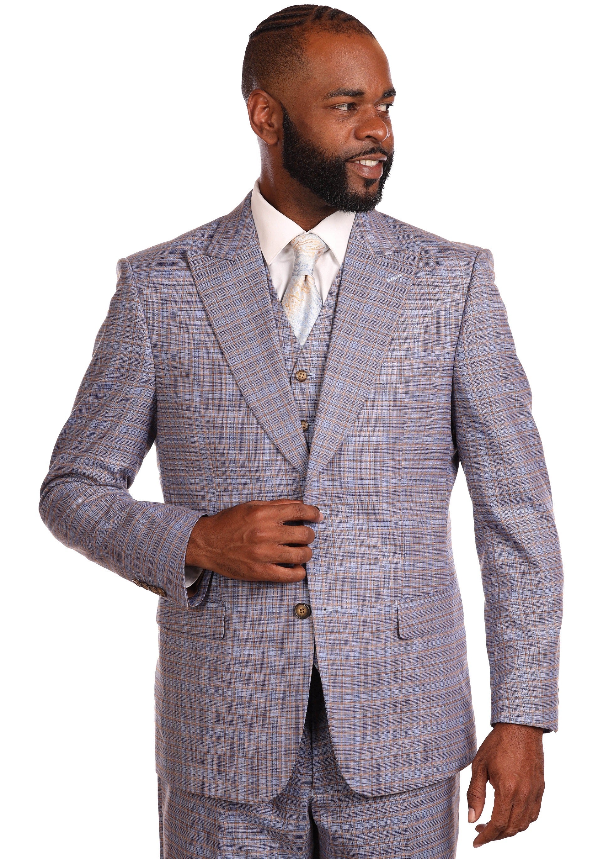 LIGHT GREY MEN'S PLAID SUIT 3 PIECES VESTED MODERN-FIT PEAK LAPEL ...