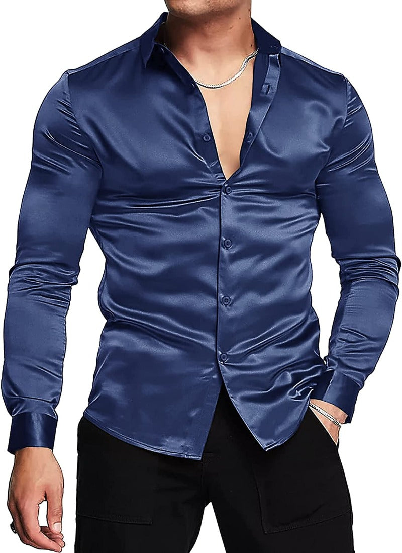 Men's Navy Blue Shiny Shirt Long Sleeves Slim Fit Satin Material ...