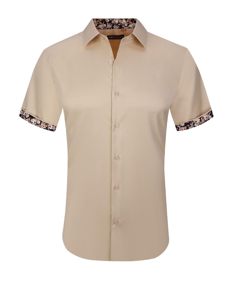 Men's khaki shirt short sleeves tan shirts paisley cuff on the sleeves ...