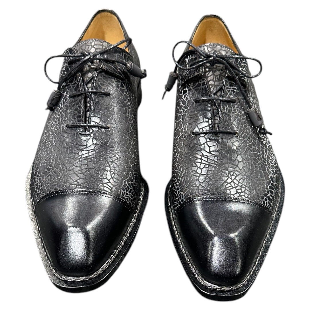 Mezlan Gray Lace-Up Shoes Cap Toe Asymmetric Embossed Calf Oxford Styl ...