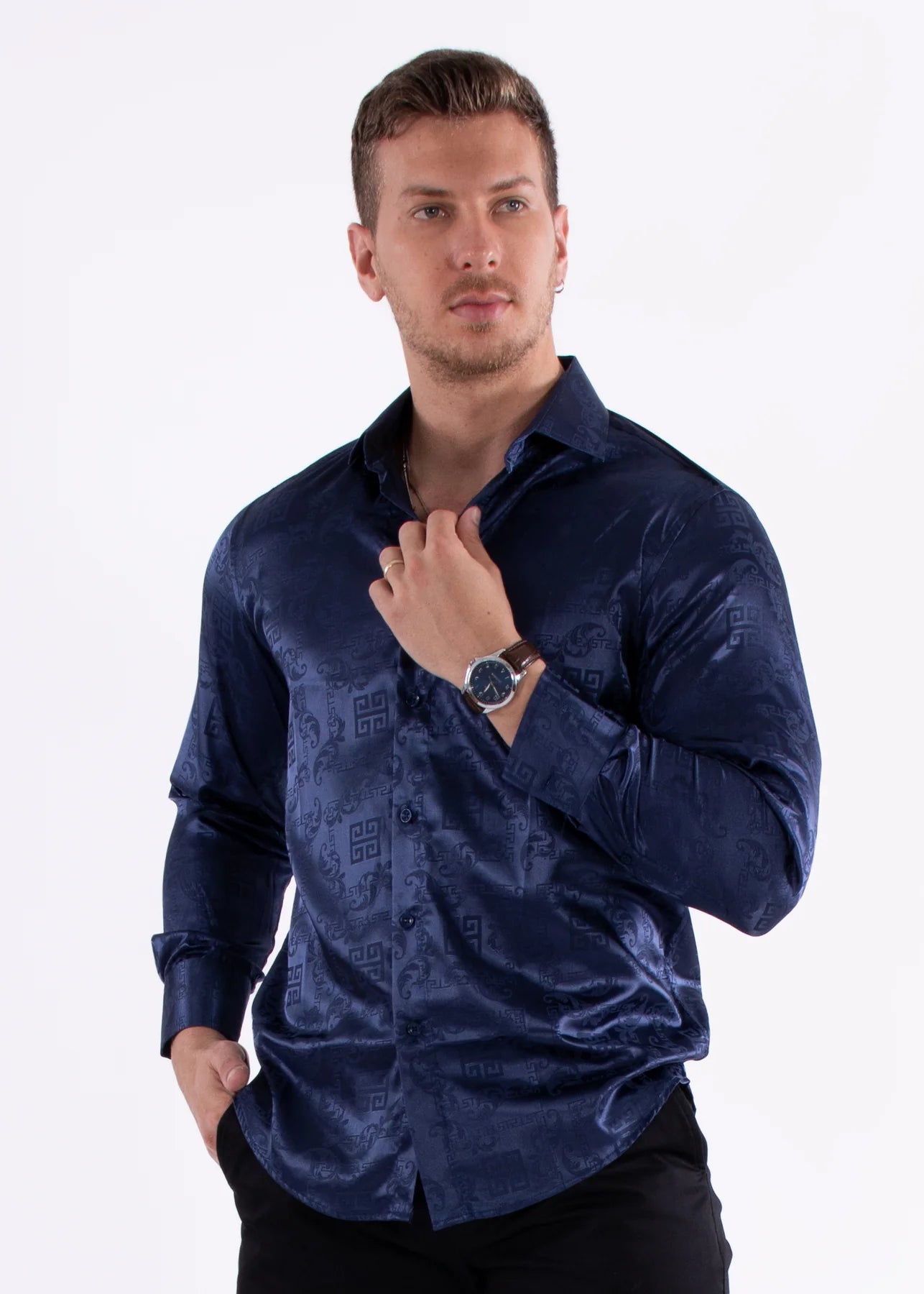 Navy Blue Men's Shinny Satin Shirt Greek Key Long Sleeves Style No-232 ...