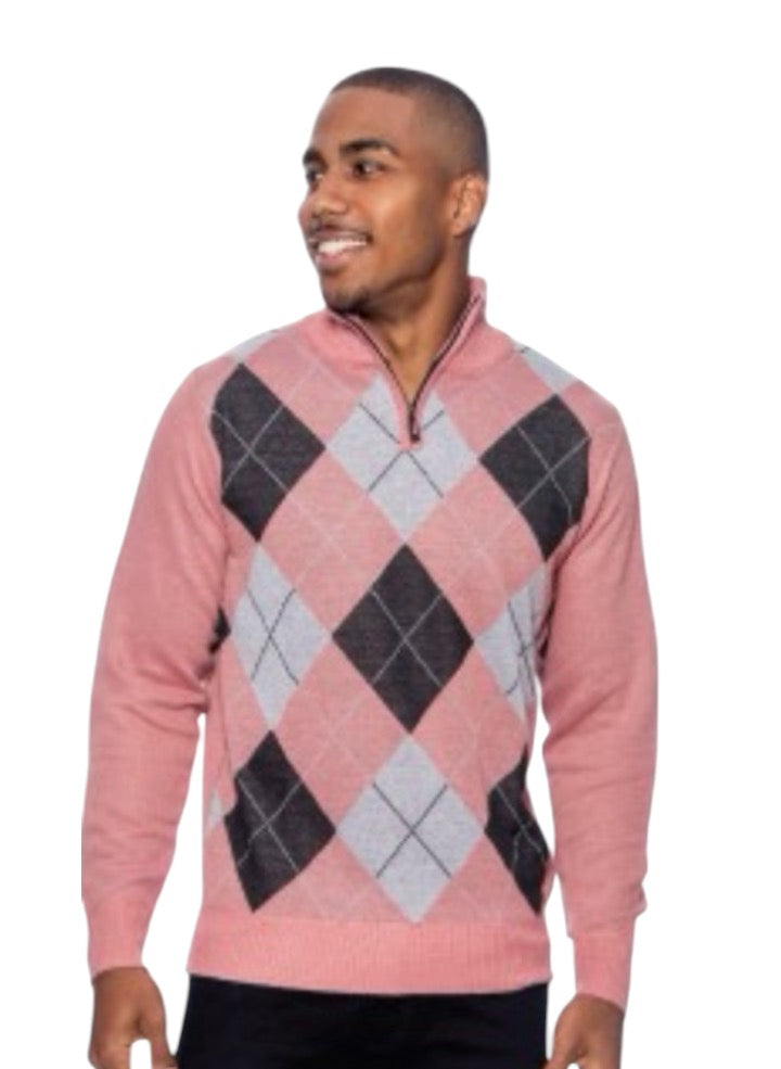 Pink Men's Crewneck Sweater Argyle Pattern Quarter Zip Up Long Sleeve ...