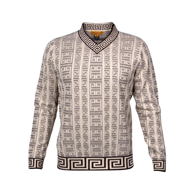 Prestige Brown and Cream V-Neck Greek Key Trim Luxury Men's Sweaters ...