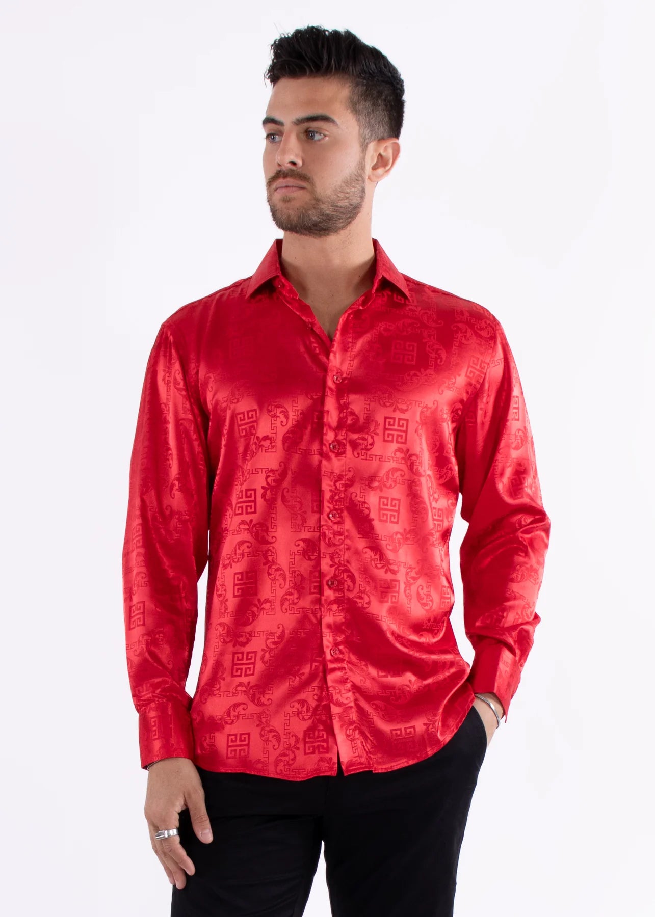 Red Men's Shinny Satin Material Greek Key Long Sleeve Dress Shirt Styl ...