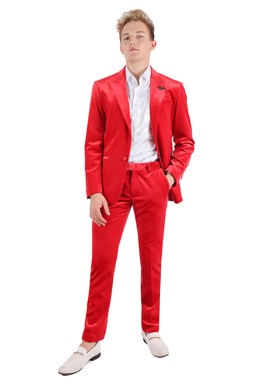 Red Men’s Slim-Fit Suit peak Lapel Shinny Satin Material – DESIGN MENSWEAR