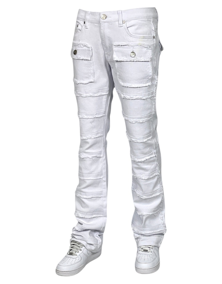 White Stacked Jeans Men's Denim Pants Frayed Stack Fit with Pockets ...