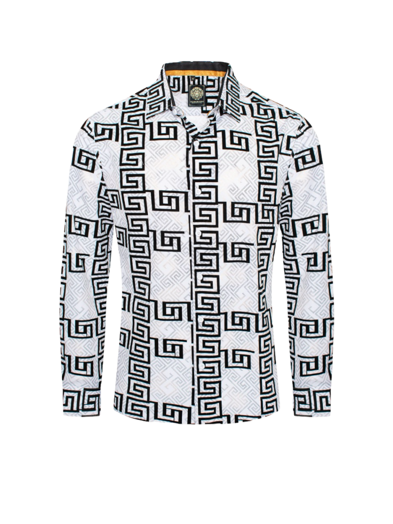 White and Black Men's Greek Key Design Long Sleeves Shirt Style No-187 ...
