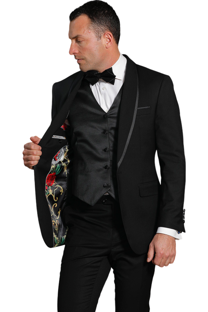 Men's Black Tuxedo Slim-Fit Single Breast One Buttons Vested and Bowti ...